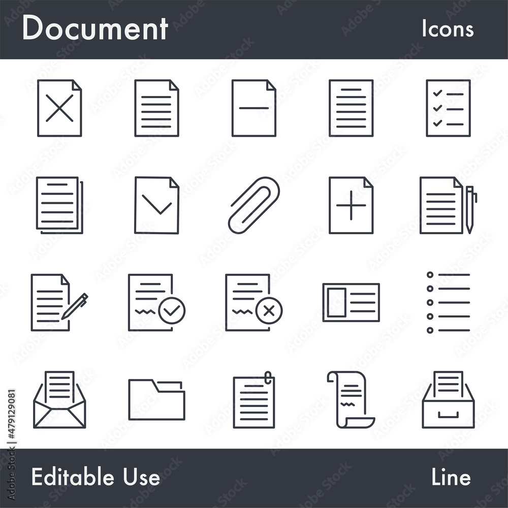 Document and Paper vector line icon set. Contains linear outline icons ...