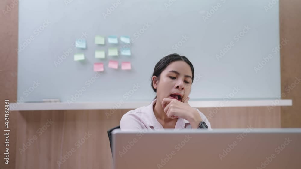 Working boredom concept, Asian bored female office worker checking for ...
