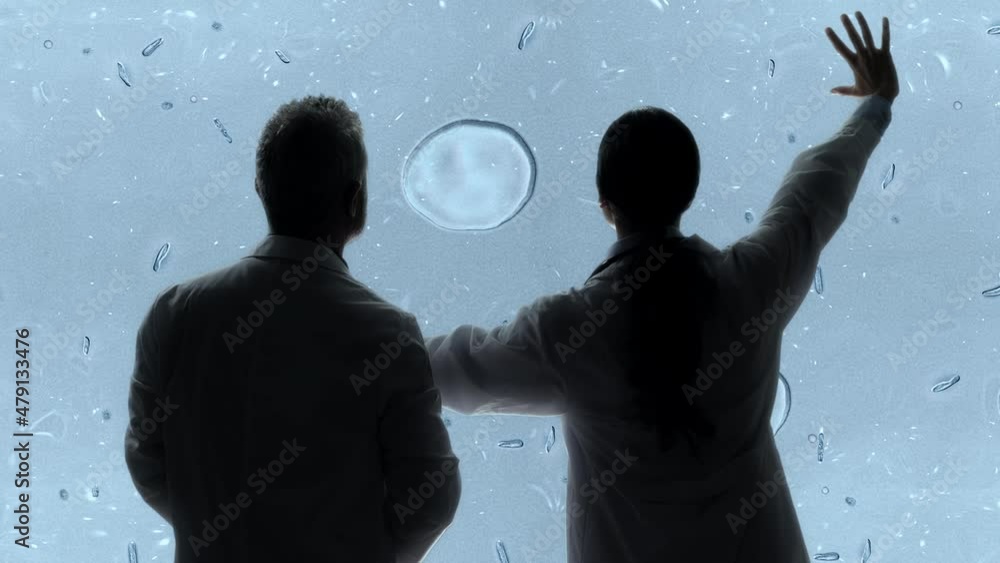 scientists biologists analyze study cells mitosis process on a touch ...