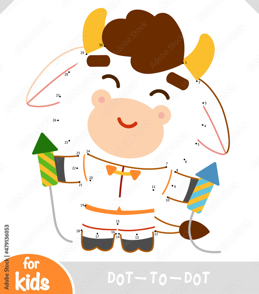 Numbers game, education dot to dot game for kids, Ox and fireworks ...