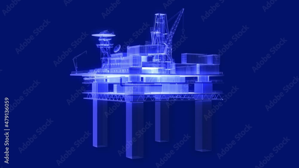 3d animation of a holographic oil drilling platform, rotating and ...