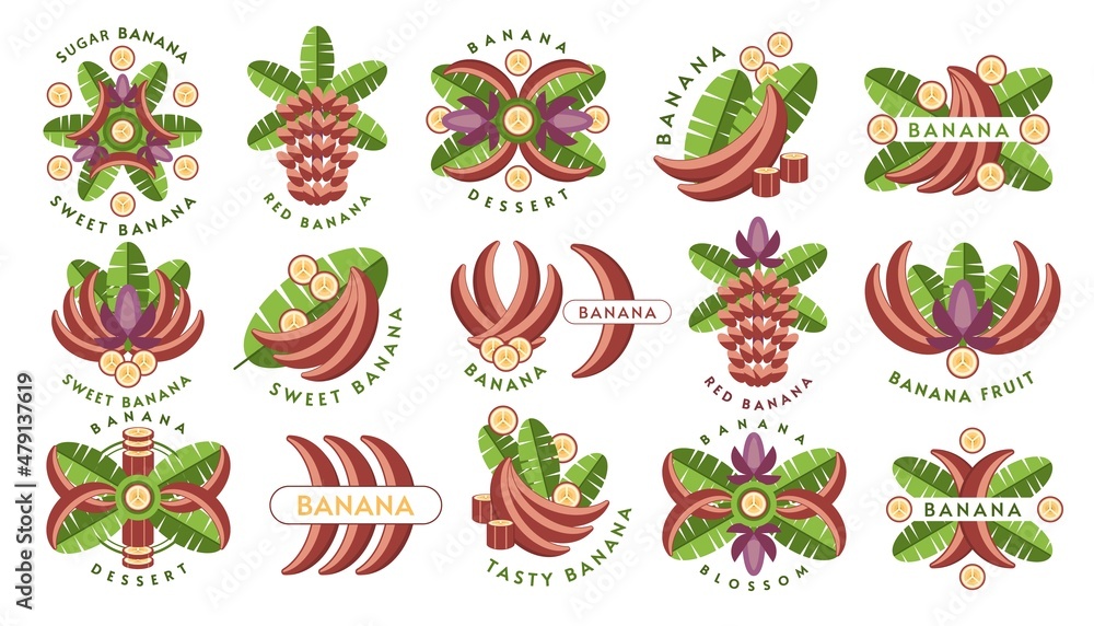 Set of logos, emblems, badges with red bananas, banana leaves, flowers ...