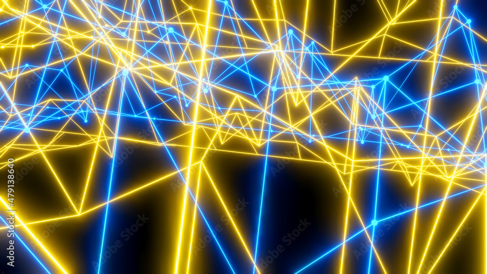 Abstract technology background with neon glowing blue yellow lines on ...