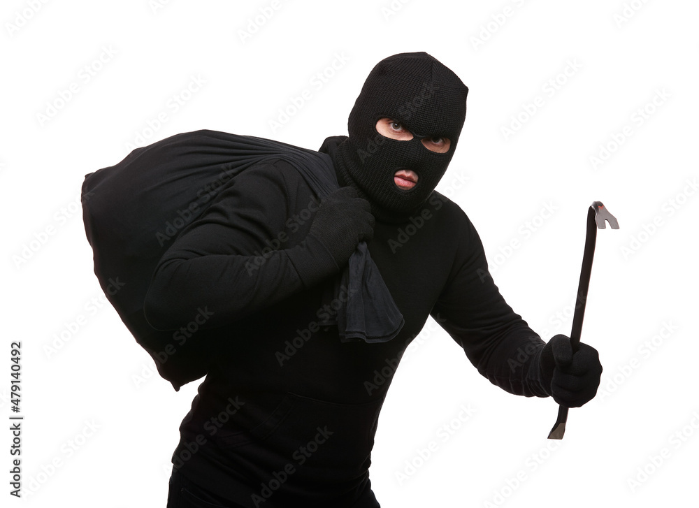 Thief In Mask With Crowbar And Bag On White Background ภาพถ่ายสต็อก
