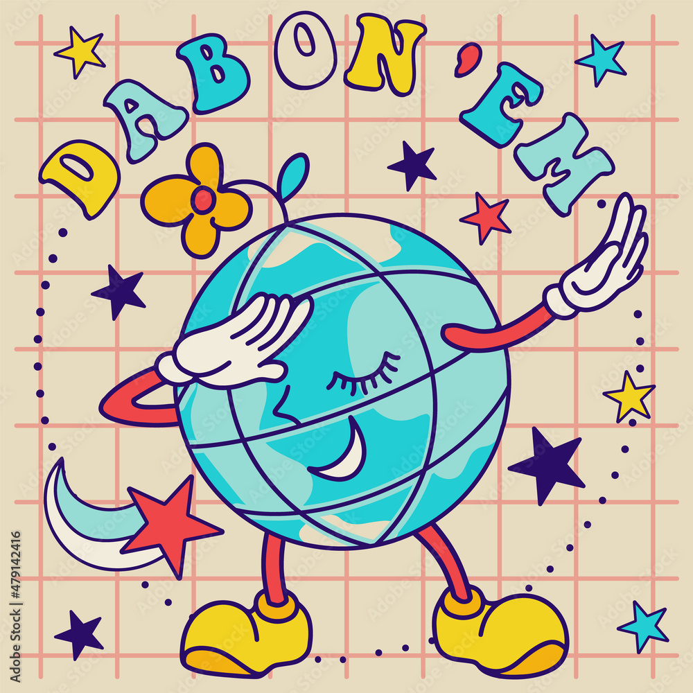Dabbing dancing cartoon Earth with character face. Retro Fun vector ...