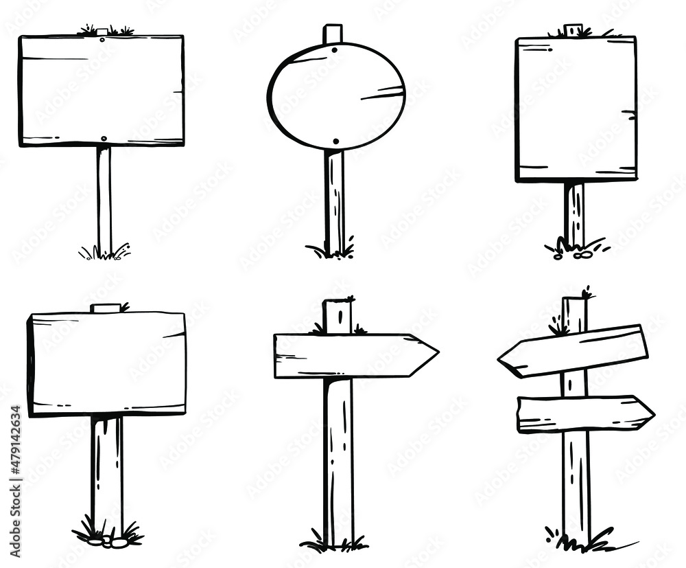 Vector hand drawn doodle bundle set of a road wooden timber sign post ...