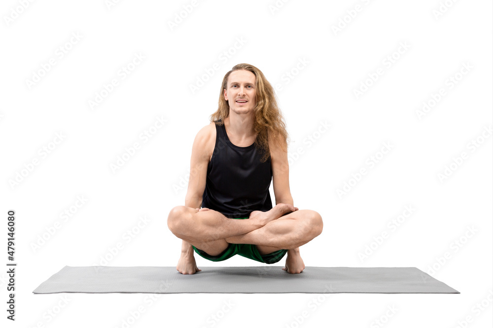Foto de Scale pose, male yoga. Caucasian handsome smiling long-haired ...