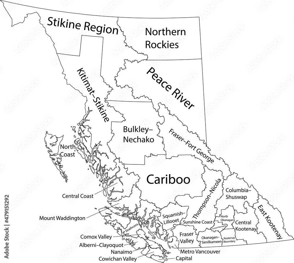 White flat vector administrative map of Canadian province of BRITISH ...