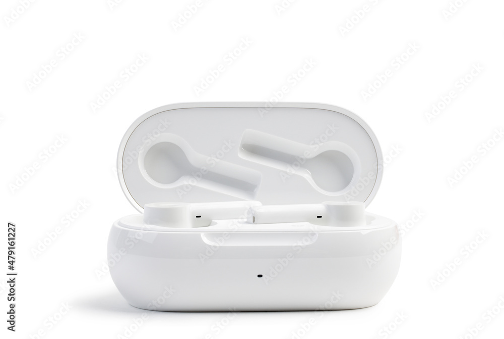 Closeup white TWS (true wireless stereo) earbuds in case isolated on ...