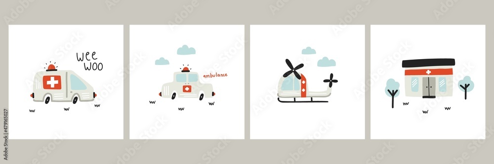 Medical car. Hand drawn ambulance automobile, helicopter and hospital ...