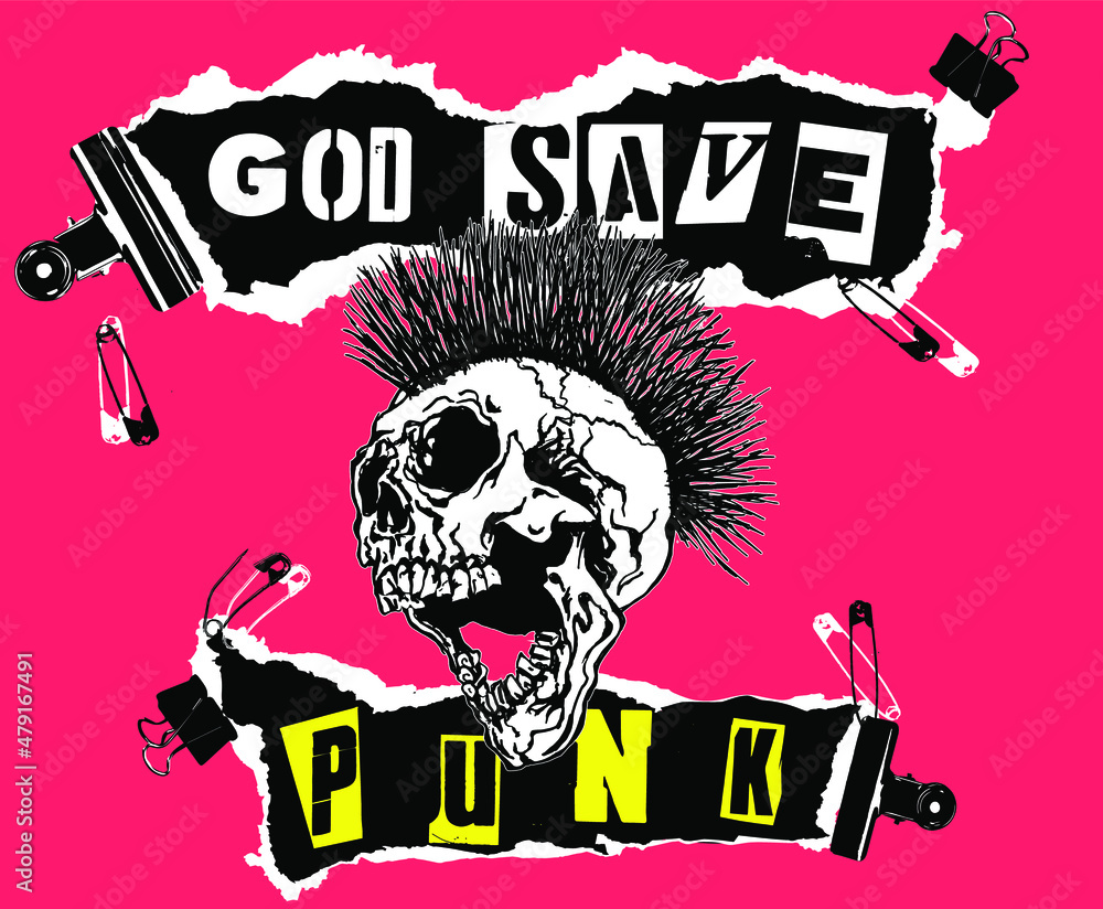 God Save Punk. Screaming skull head with mohawk hair isolated on pink ...