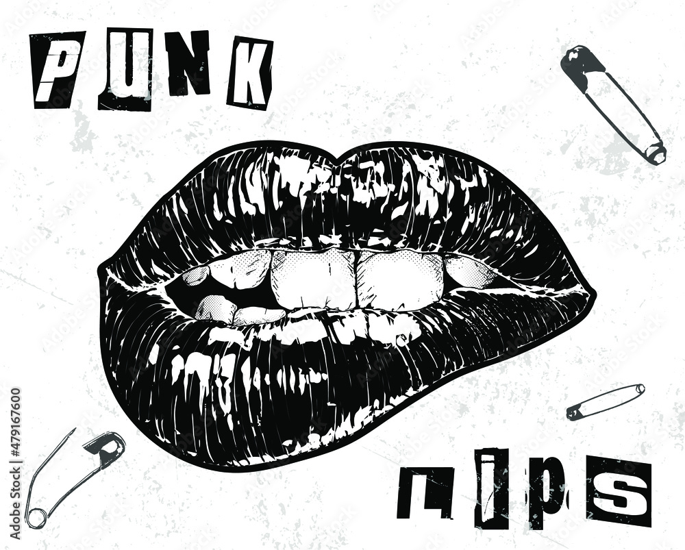 Punk Lips. Hand drawn bitten black lipstick shiny lips in the style of ...