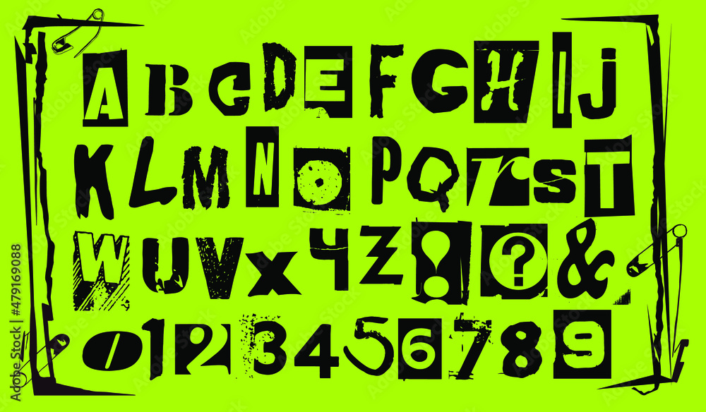 Punk typography vector alphabet and numbers. Type specimen set for ...
