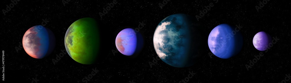 Six realistic planets on a black background. Exoplanets of different ...
