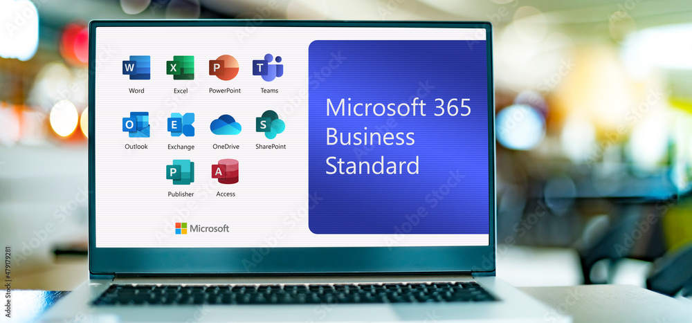 Laptop displaying logos of Microsoft 365 Business Standard Stock Photo ...