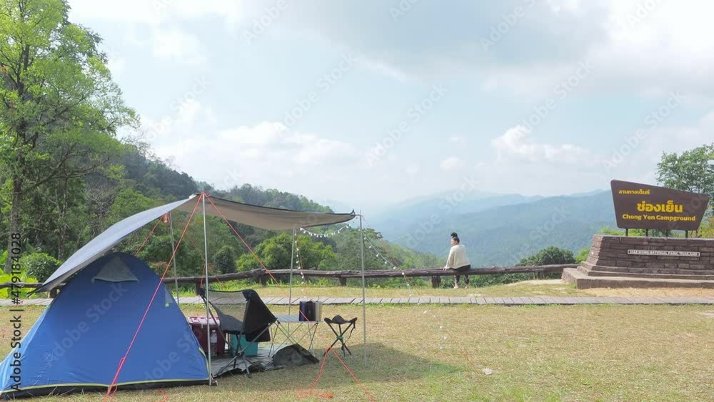 Couple camping and enjoy nature landscape on view point at Mae Wong ...