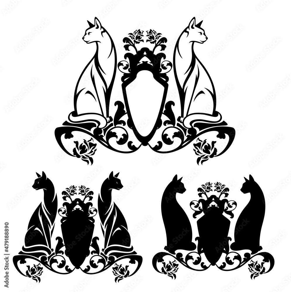 pair of sitting cats with heraldic shield and rose flowers - black and ...