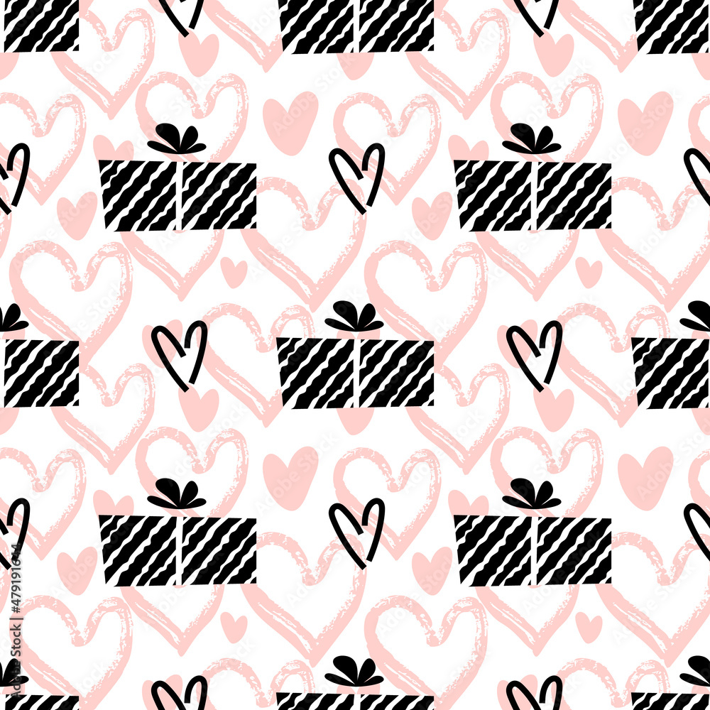 Cute pattern with gifts and hearts in beige pastel colors with seamless ...
