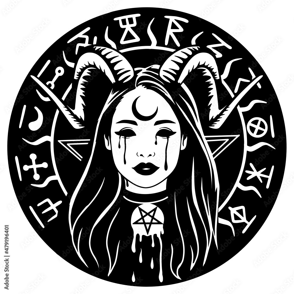 Pagan design, sorceress girl, witch woman with horns, gothic, digital ...