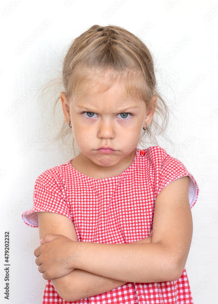 Waist up angry and pout caucasian child kid little girl of 5 years on ...