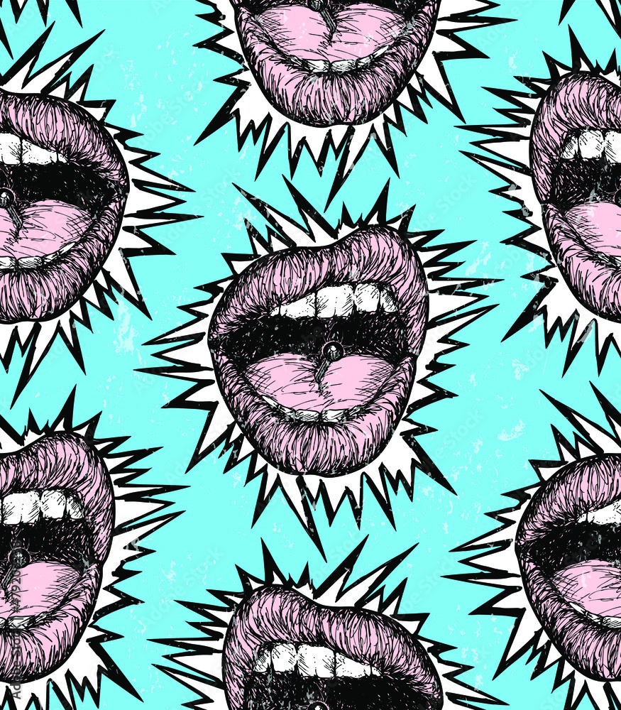 Vector black and white seamless pattern of hand drawn punk lips open ...
