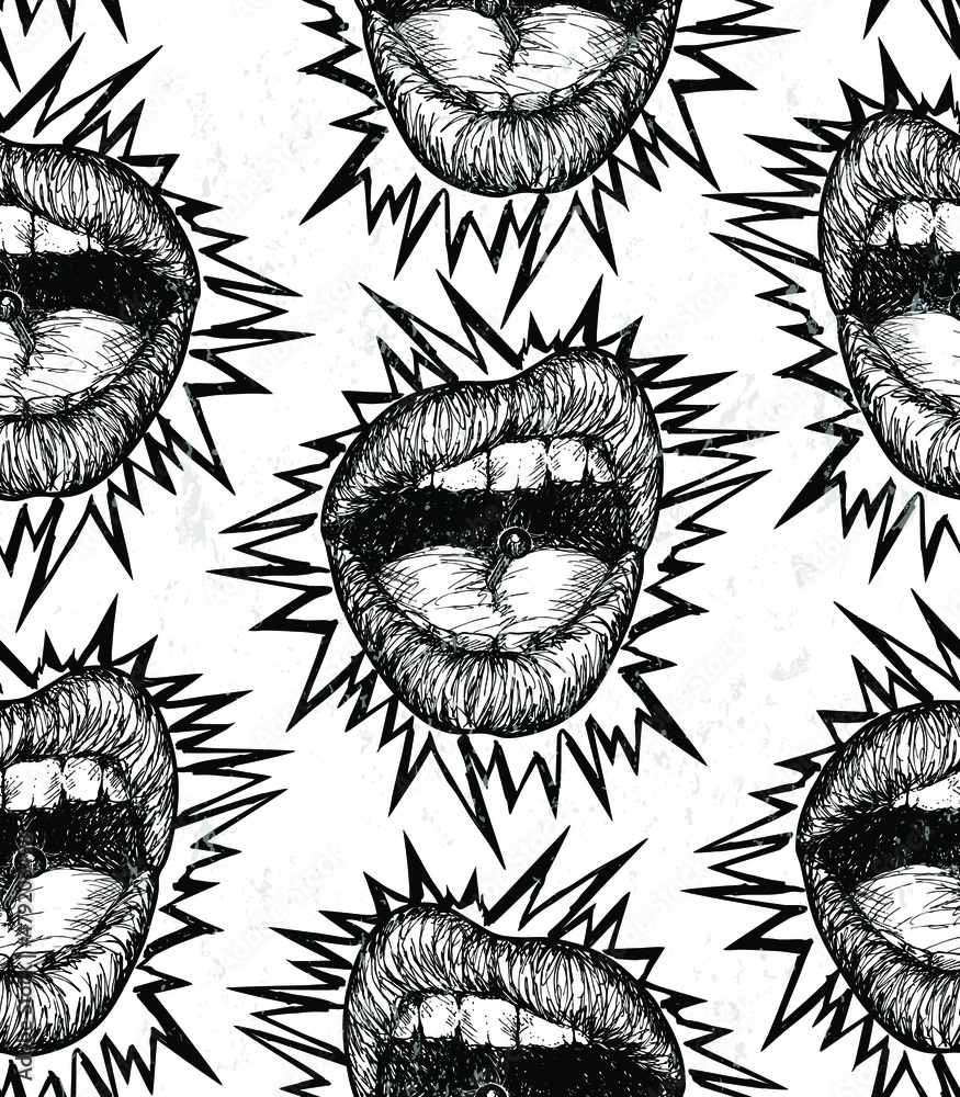 Vector black and white seamless pattern of hand drawn punk lips open ...