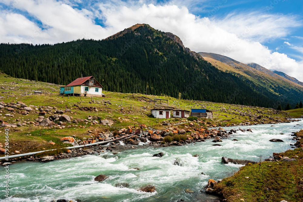Countryside village houses buildings traditional life in Karakol valley ...
