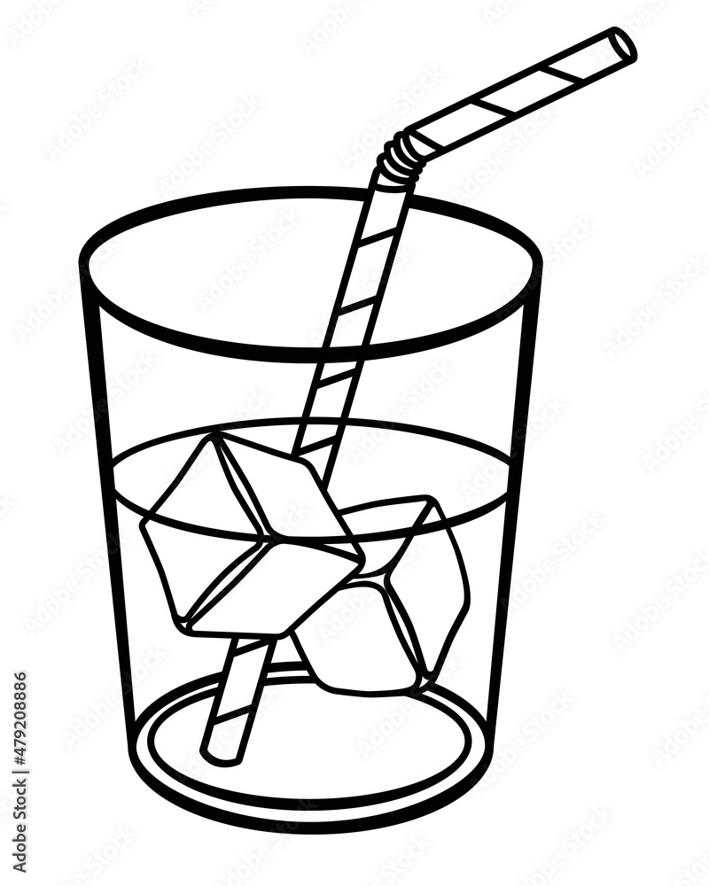 Glass with drink, ice and straw - vector linear illustration for ...