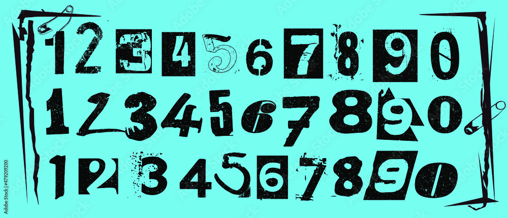 Punk typography vector numbers design collection. Dirty textured type ...