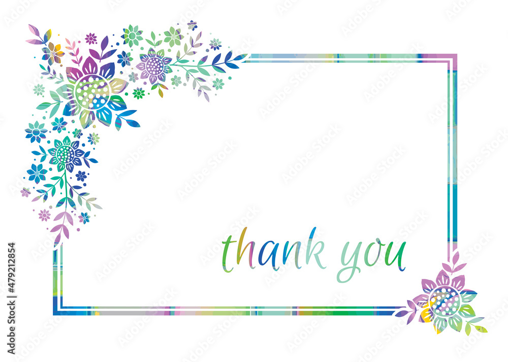 Thank you card with rainbow watercolor effect. Colorful floral design ...