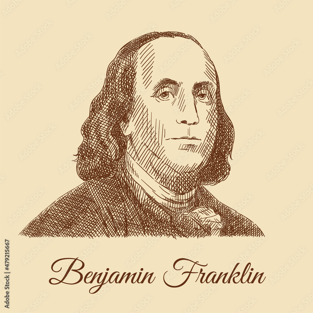 Sketch portrait of Benjamin Franklin from a 100$ banknote. Engraving ...