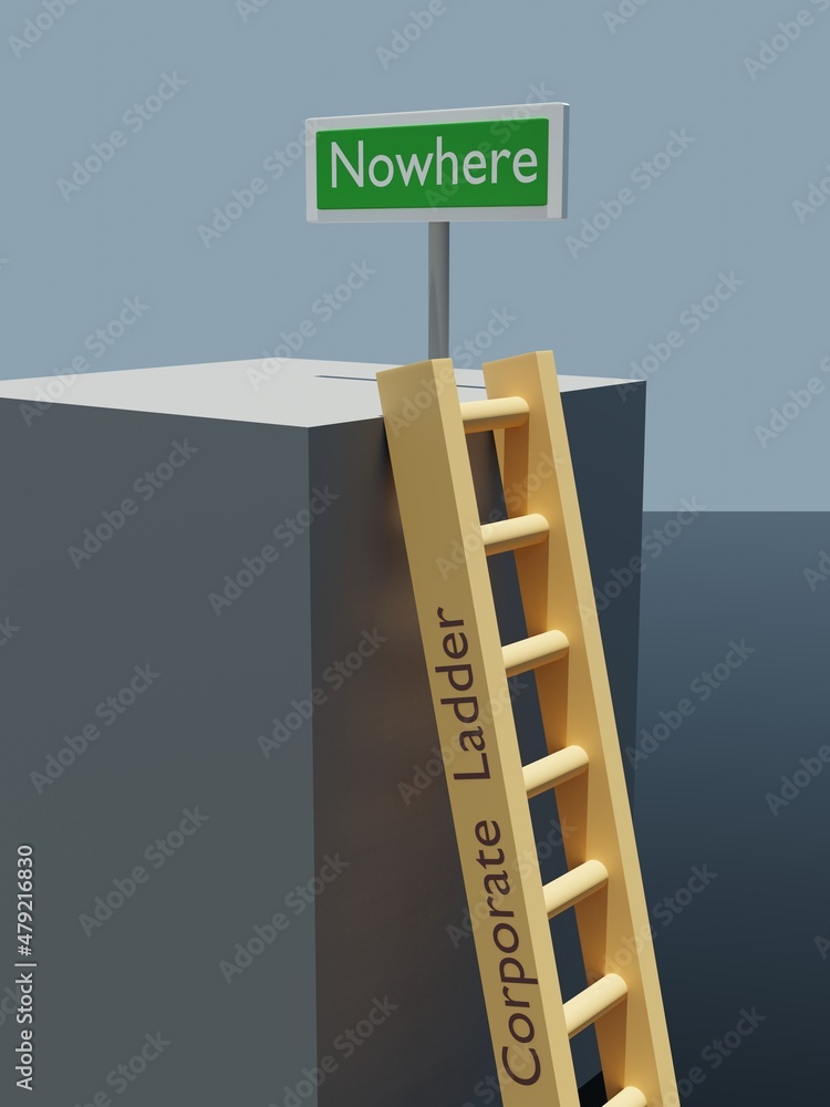 3D render of a ladder labeled corporate ladder that leads up to a ...