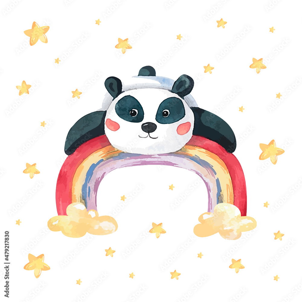 Cute Kids panda bear lies on the rainbow with pink cheeks. Funny ...