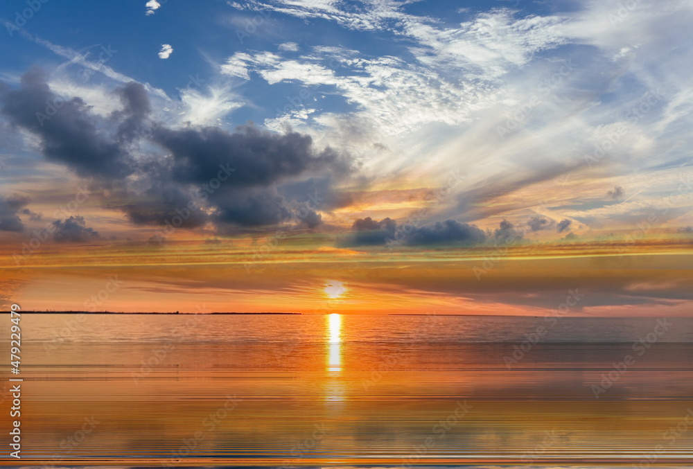 blue bright starry sky on pink yellow sunset at sea water vawe ...