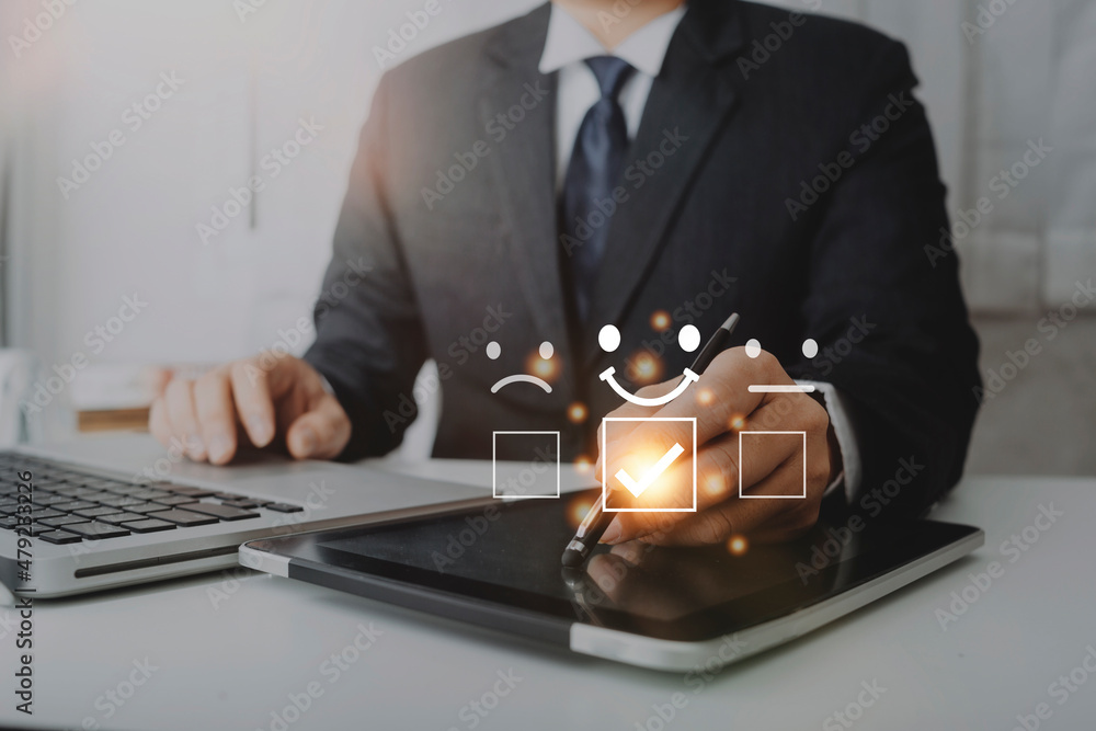 Customer service evaluation concept. Businessman pressing face smile ...