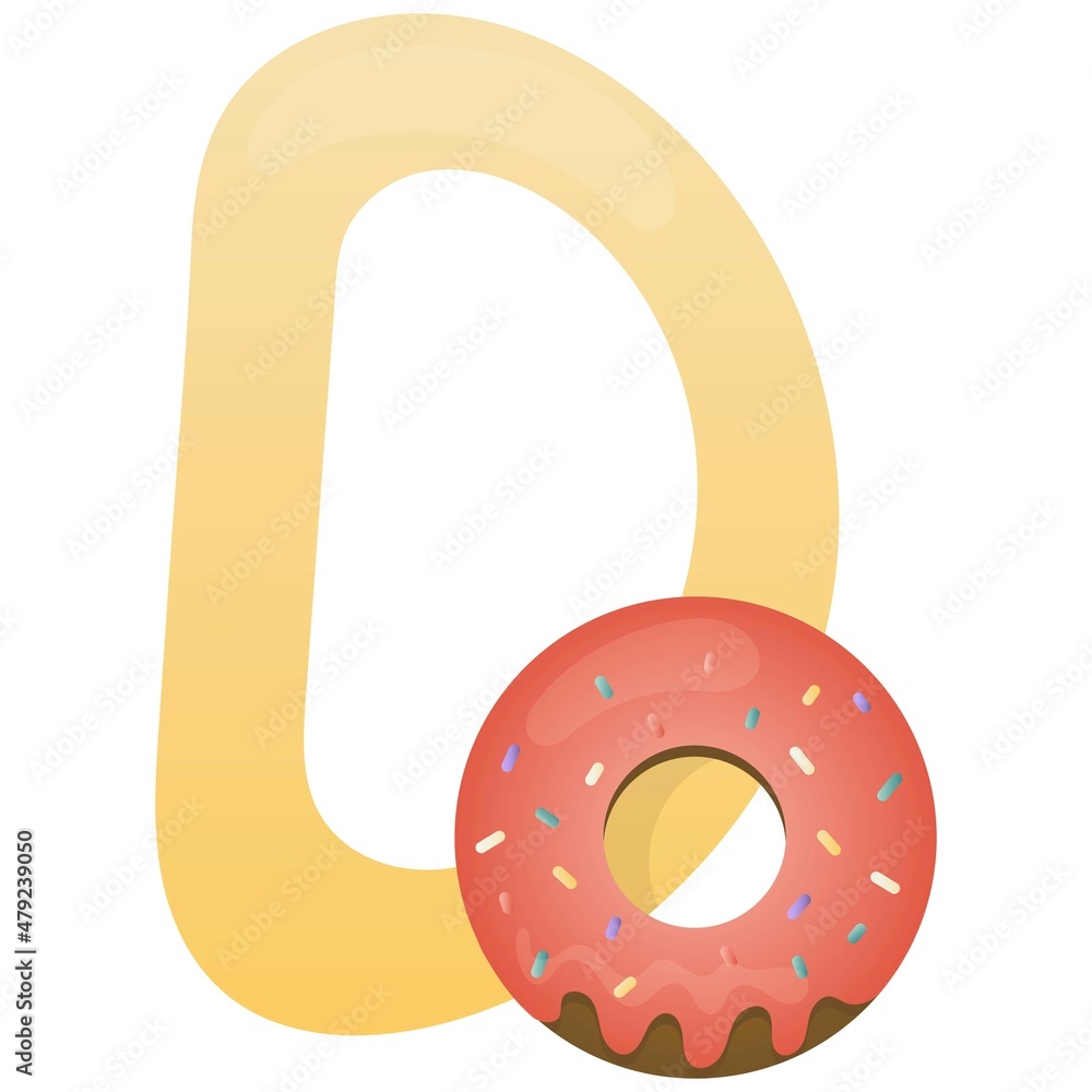 Letter D and a donut on a white background, educational card. English ...