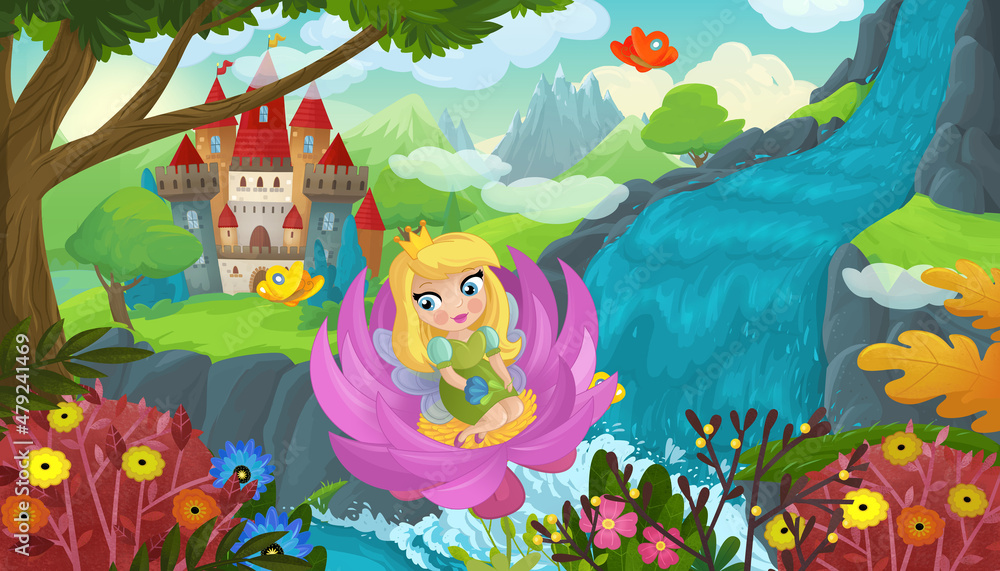 cartoon scene with nature forest cute elf near waterfall and castle ...