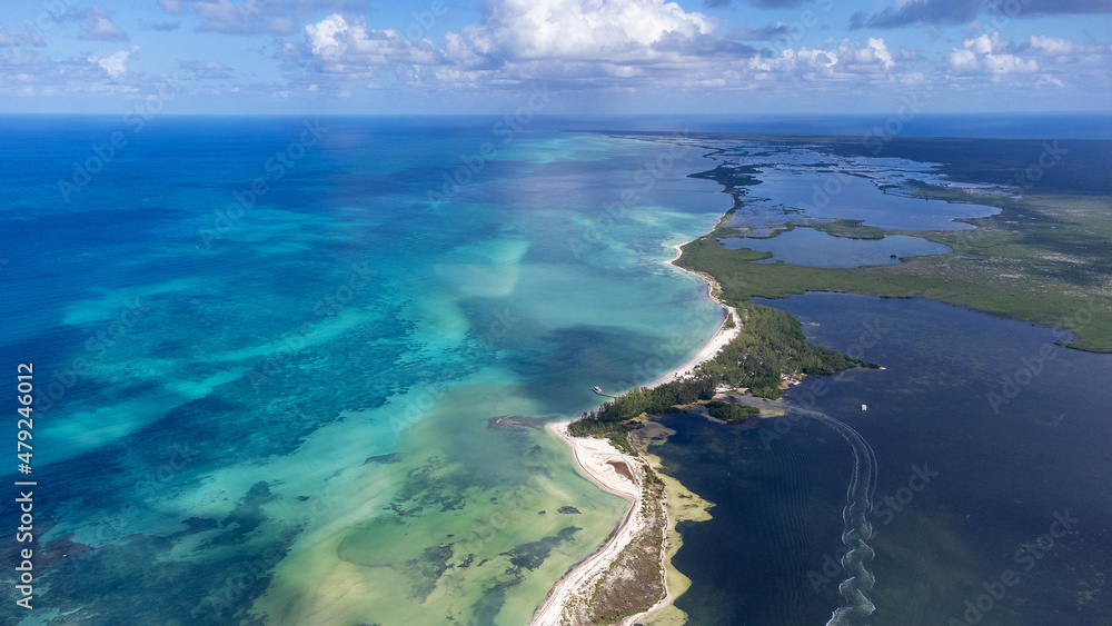 Aerial view of Isla De Pasion aka Passion Island captured by drone over ...