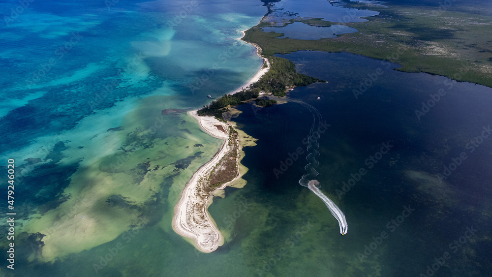 Aerial view of Isla De Pasion aka Passion Island captured by drone over ...