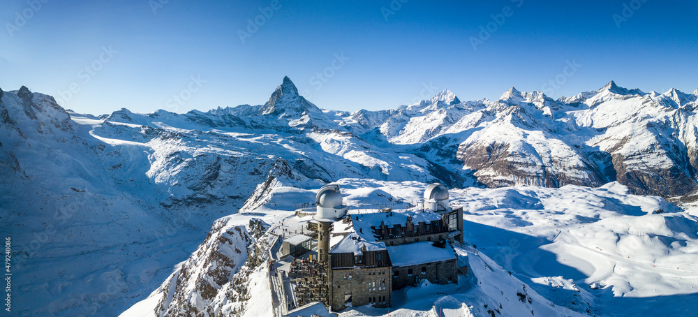 Gornergrat, Switzerland - January 06. 2022: Aerial panorama image of ...