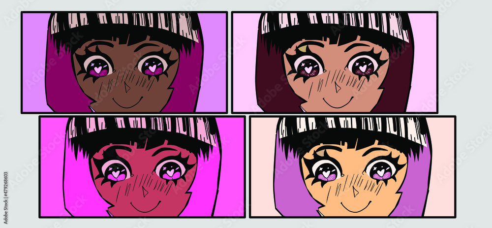Multiple-panel sequence of a comic strip with different anime female ...