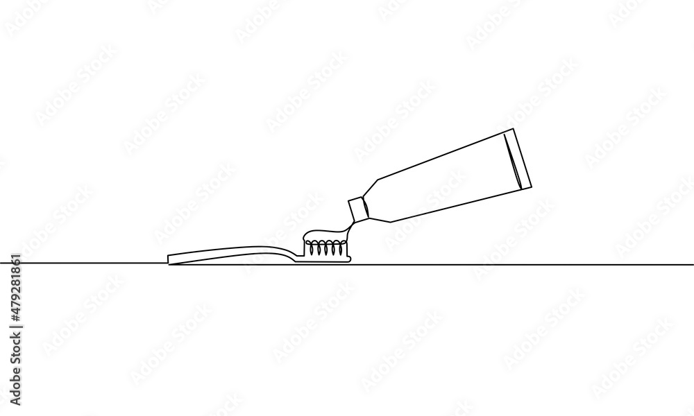 Continuous line drawing of toothbrush and toothpaste, object one line ...