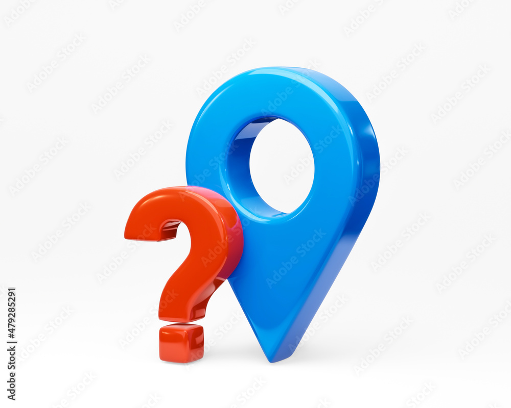 Location 3d sign of question mark find icon concept or navigation distance pin map marker symbol ...