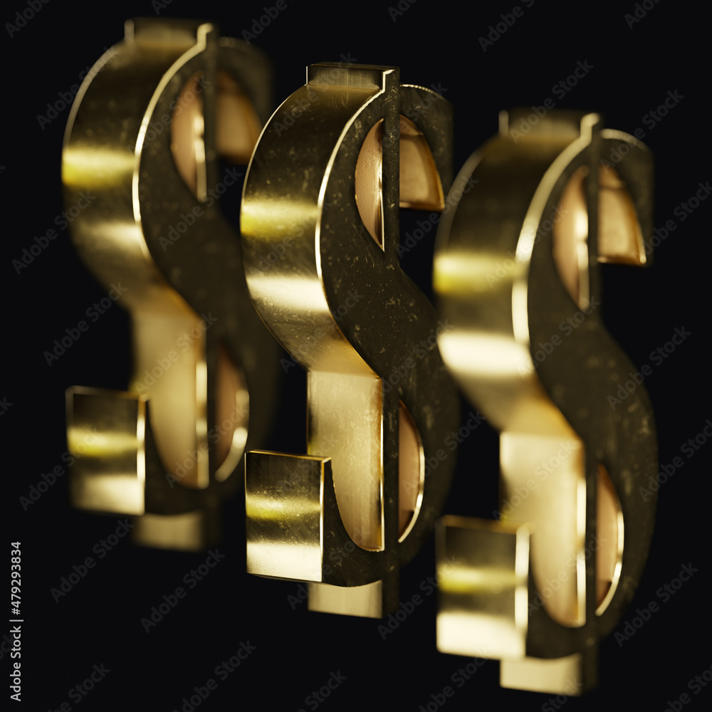 Three Gold Dollar Signs on Black Background. Textured 3D Render ...