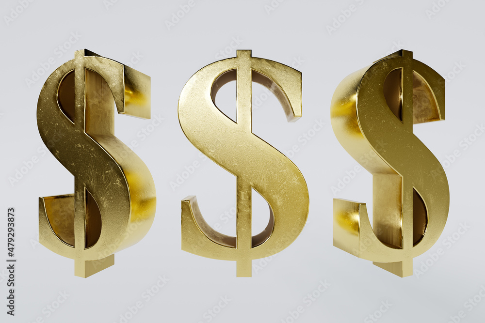 Three Gold Dollar Signs on White Background. Textured 3D Render ...