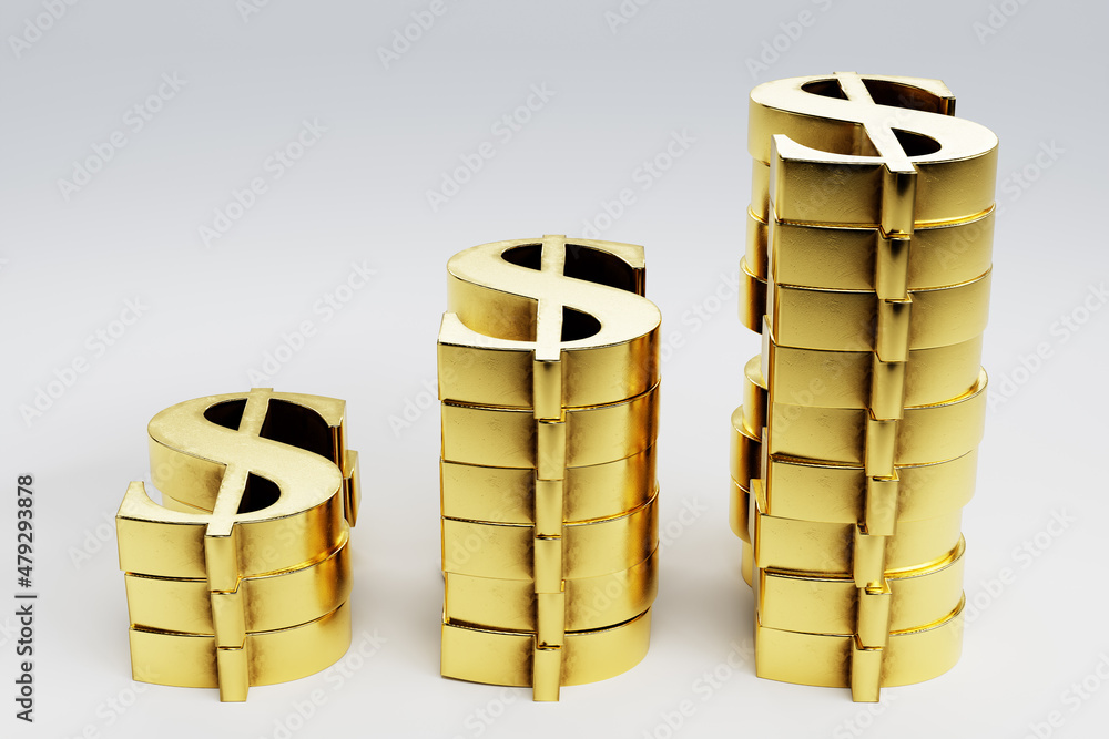 Growing Money Dollar Sign Stack. 3 Piles of Gold Colored Cash Symbols ...