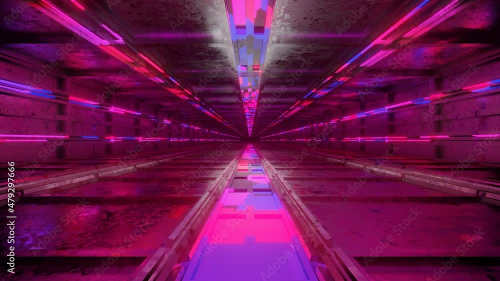 flying a rotating camera through a technological corridor with glowing ...