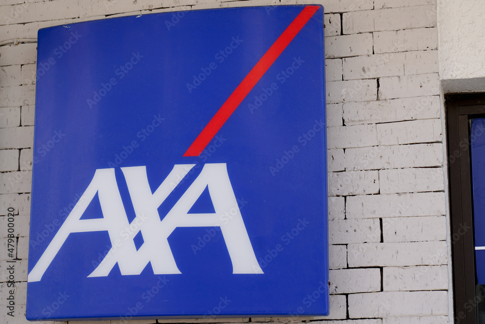 axa logo text in office wall facade building with sign brand of French ...