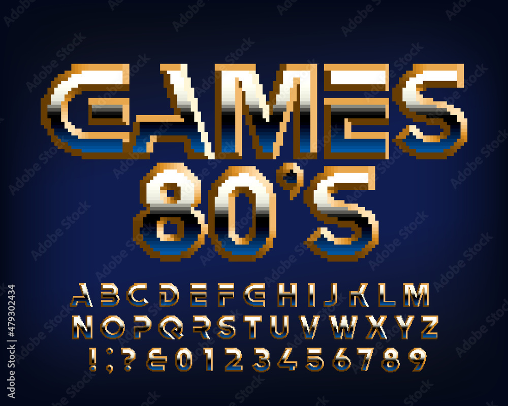 Games 80s alphabet font. Pixel letters and numbers. 80s arcade video ...