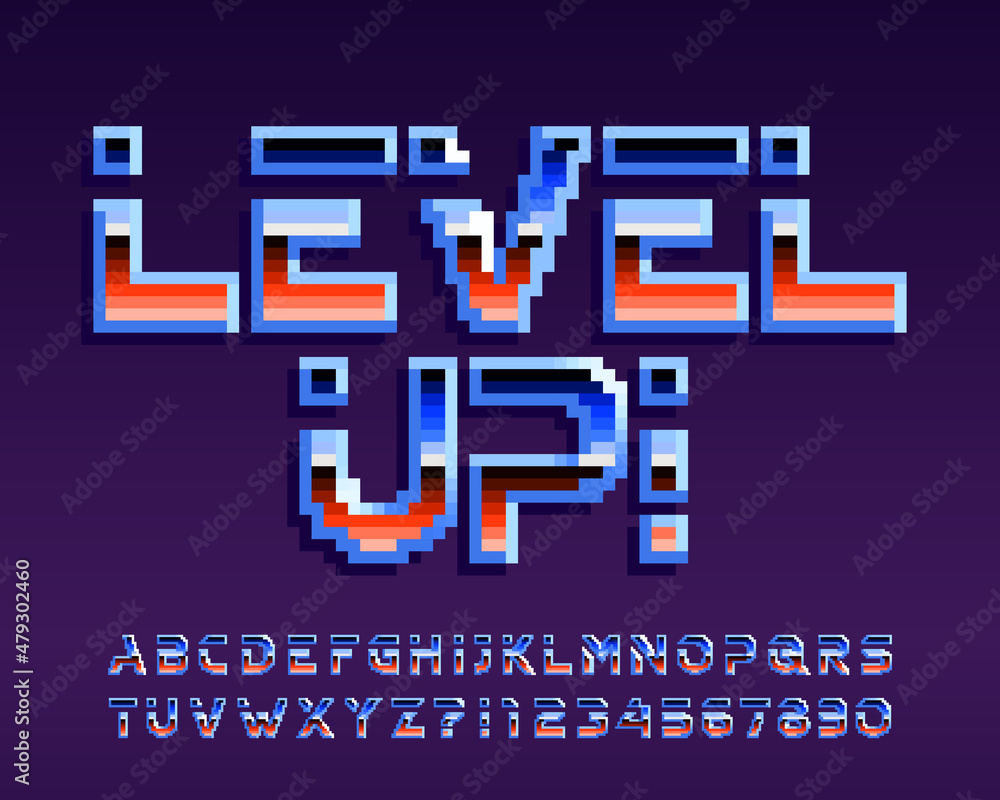 Level Up alphabet font. Pixel letters and numbers. 80s arcade video ...